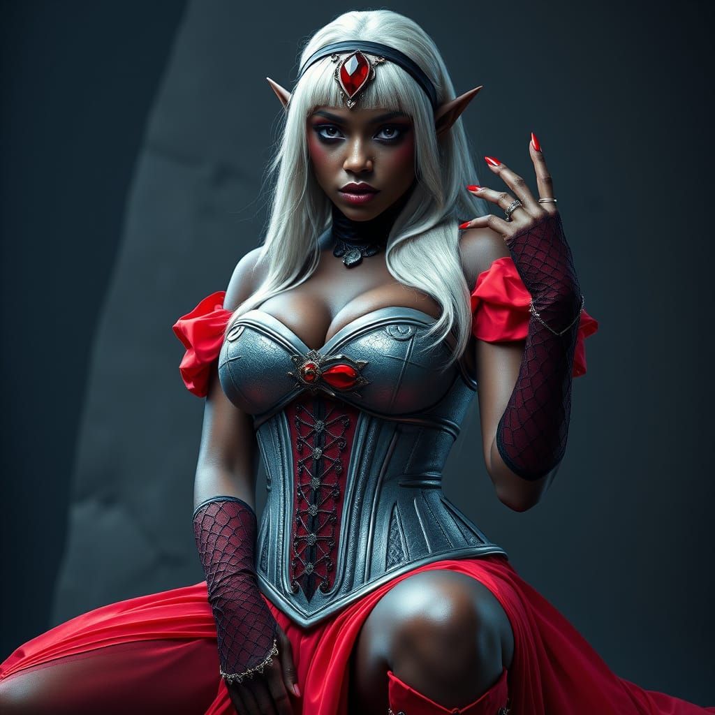 Sultry Ebony Elf in Cyberpunk Chic - AI Art