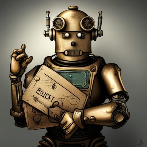 clunky robot holding a friendly sign - AI Generated Artwork - NightCafe ...