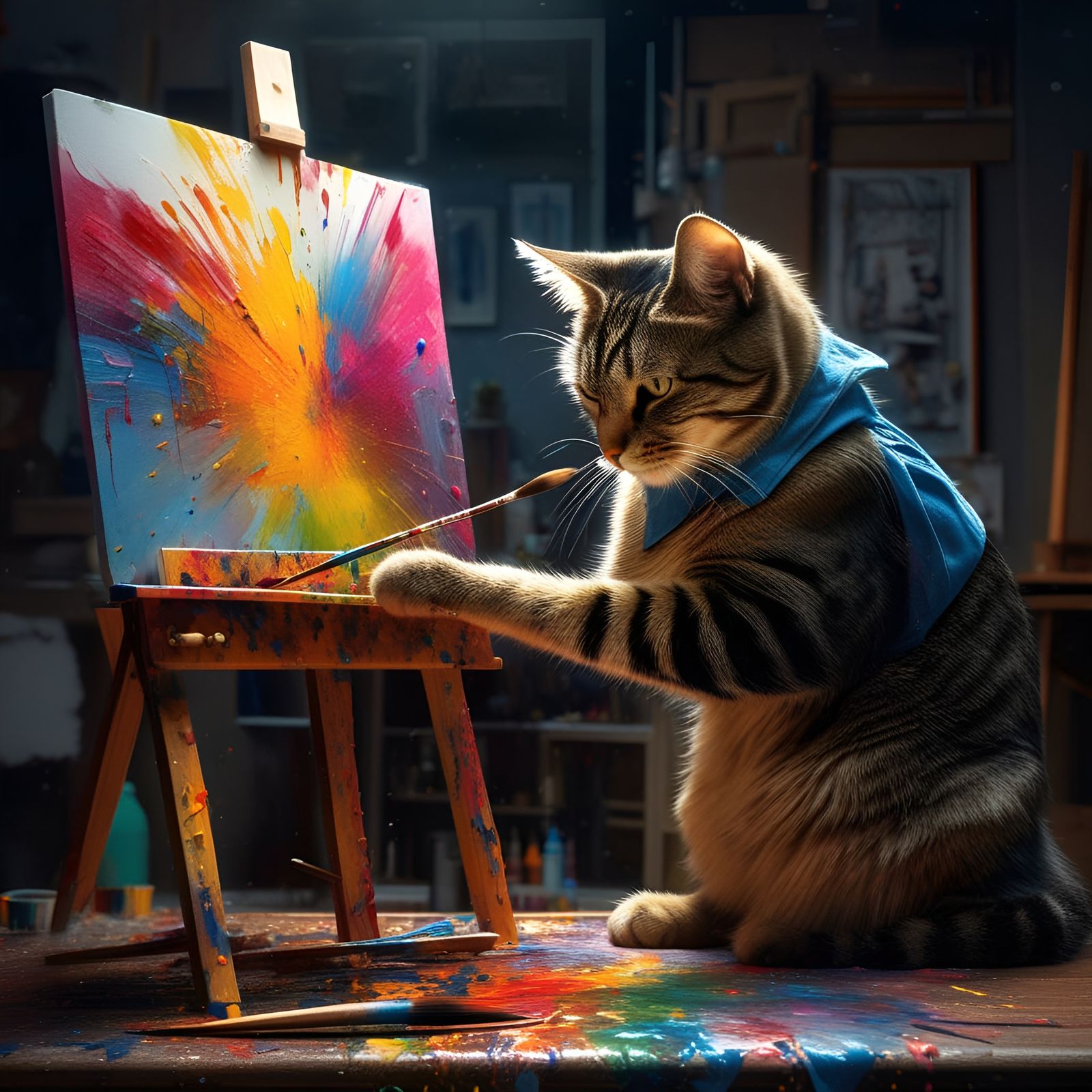 cat artist, standing in front of an easel with a paintbrush in its paw ...