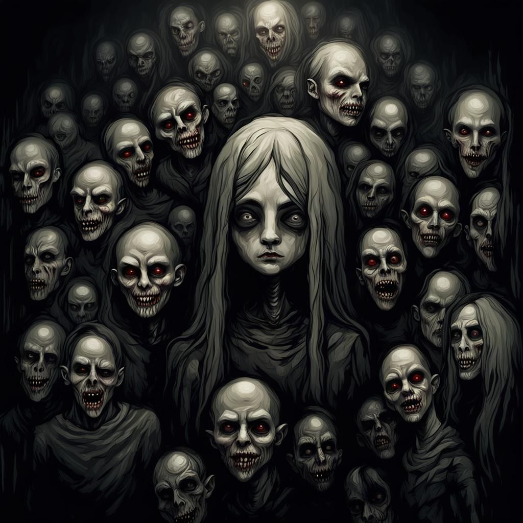 "Generate a horror-style portrait with a dark, ominous atmosphere ...