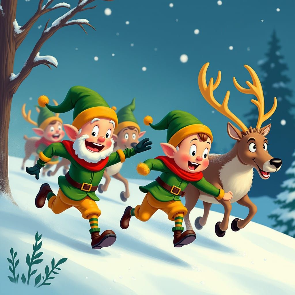 Elves chasing reindeer cartoon - Elves chasing reindeer ca...