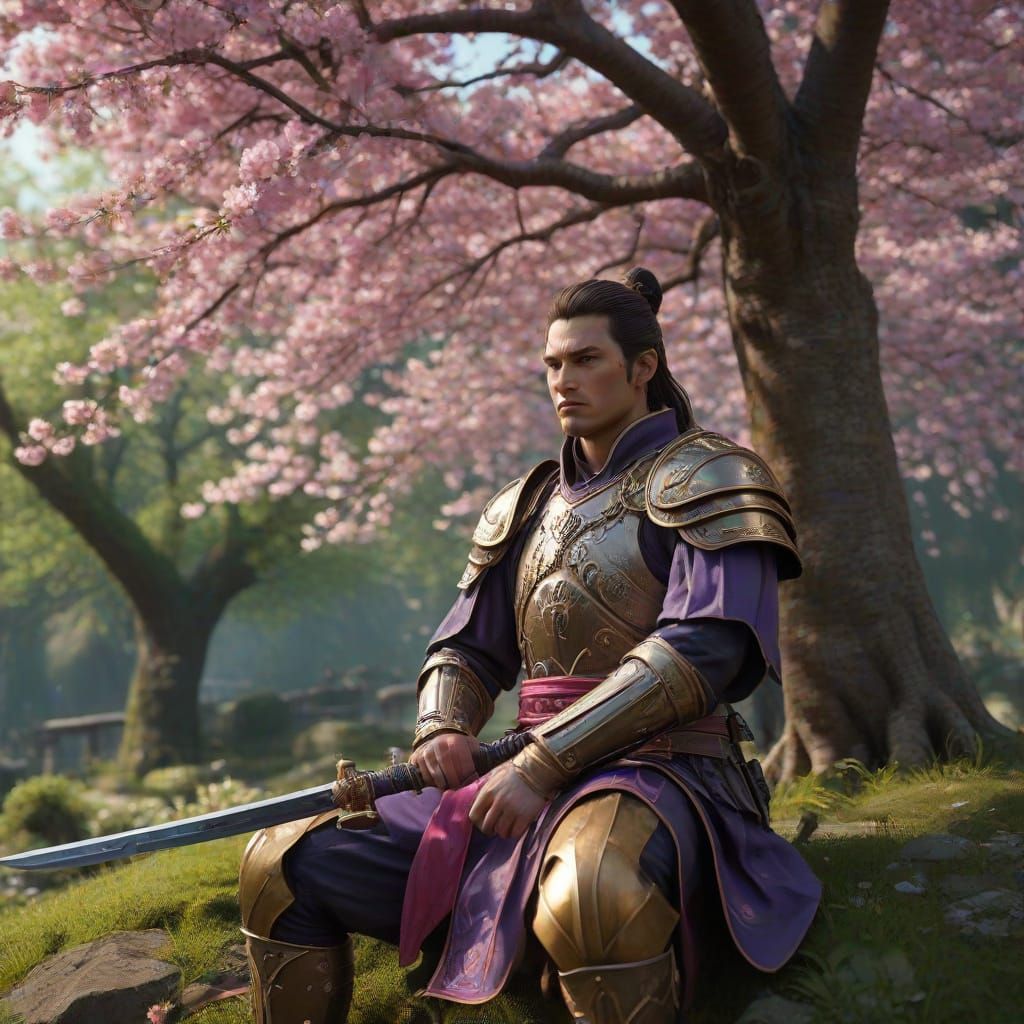 Epic Dark Fantasy Swordmaster Under Cherry Blossom... - AI Art