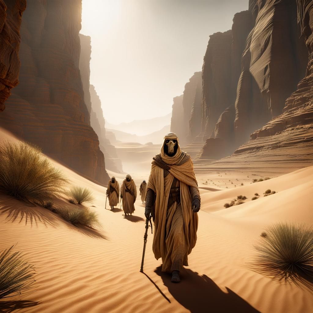 Tusken Raiders, robed in desert attire, walking through an ancient ...