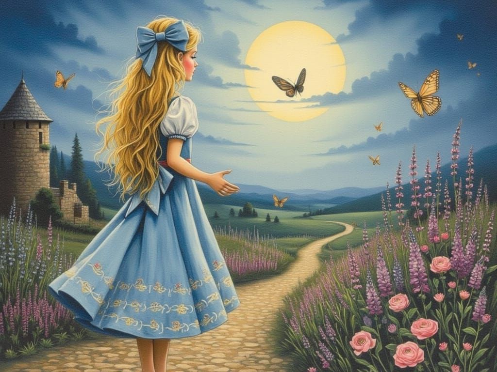 Whimsical Dreamlike Scene with a Young Girl and Bu... - AI Art