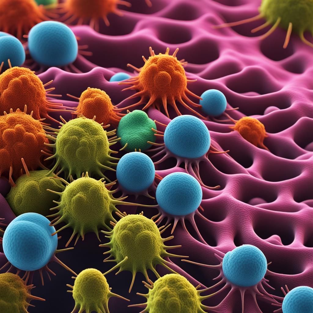 scanning electron microscopy SEM Image of many colorful cells with ...