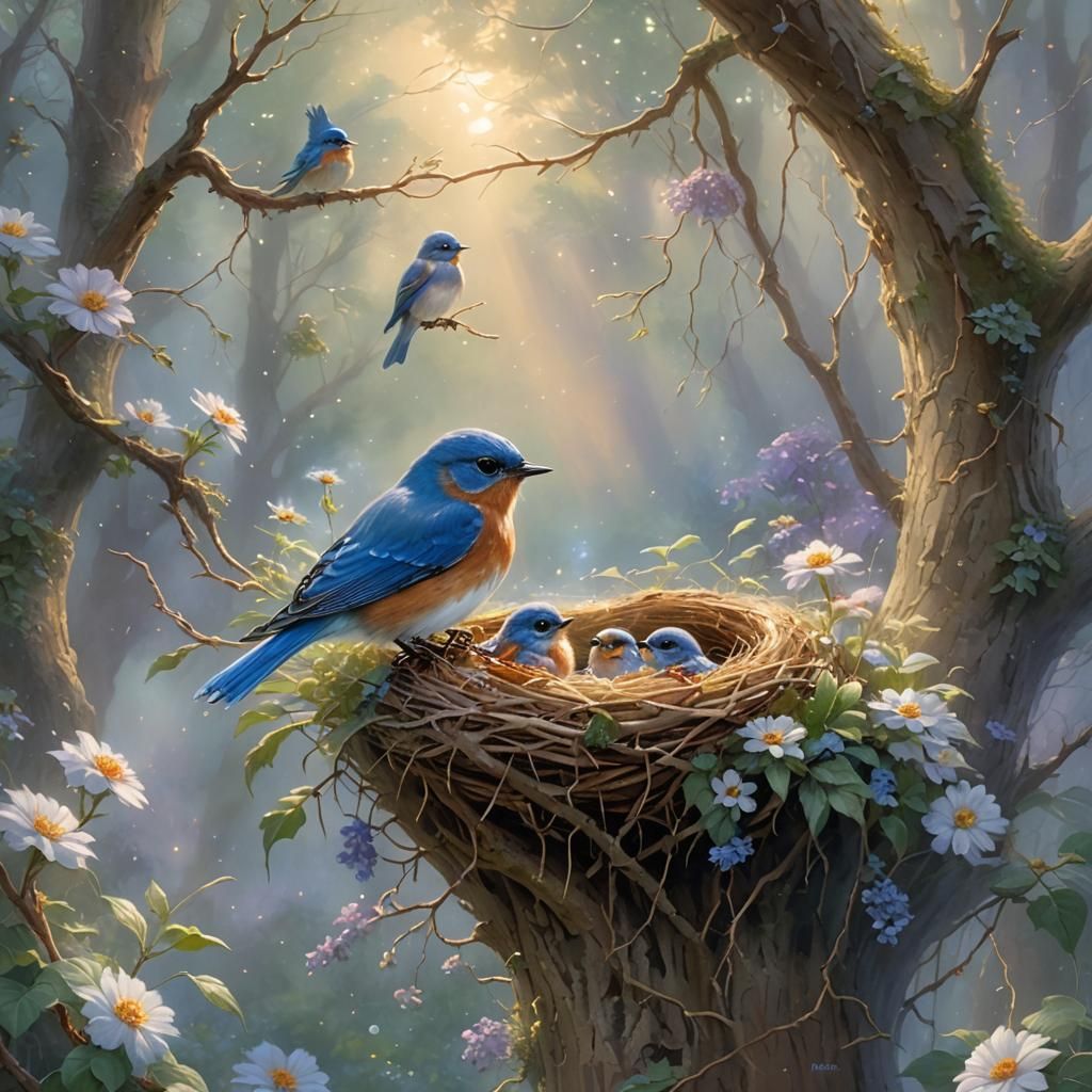 Bluebird with her babies - AI Generated Artwork - NightCafe Creator