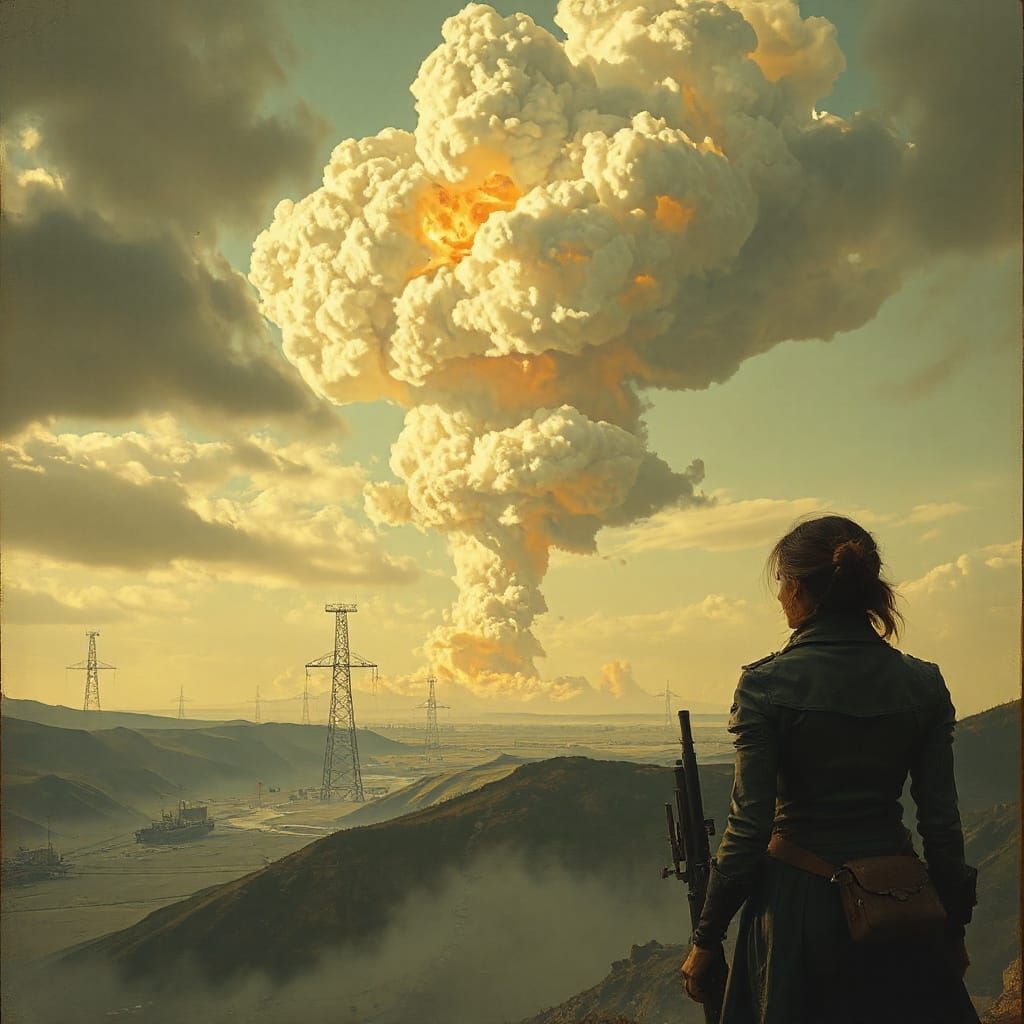 Hyperrealistic Female Vault Dweller Watches Nuclea... - AI Art