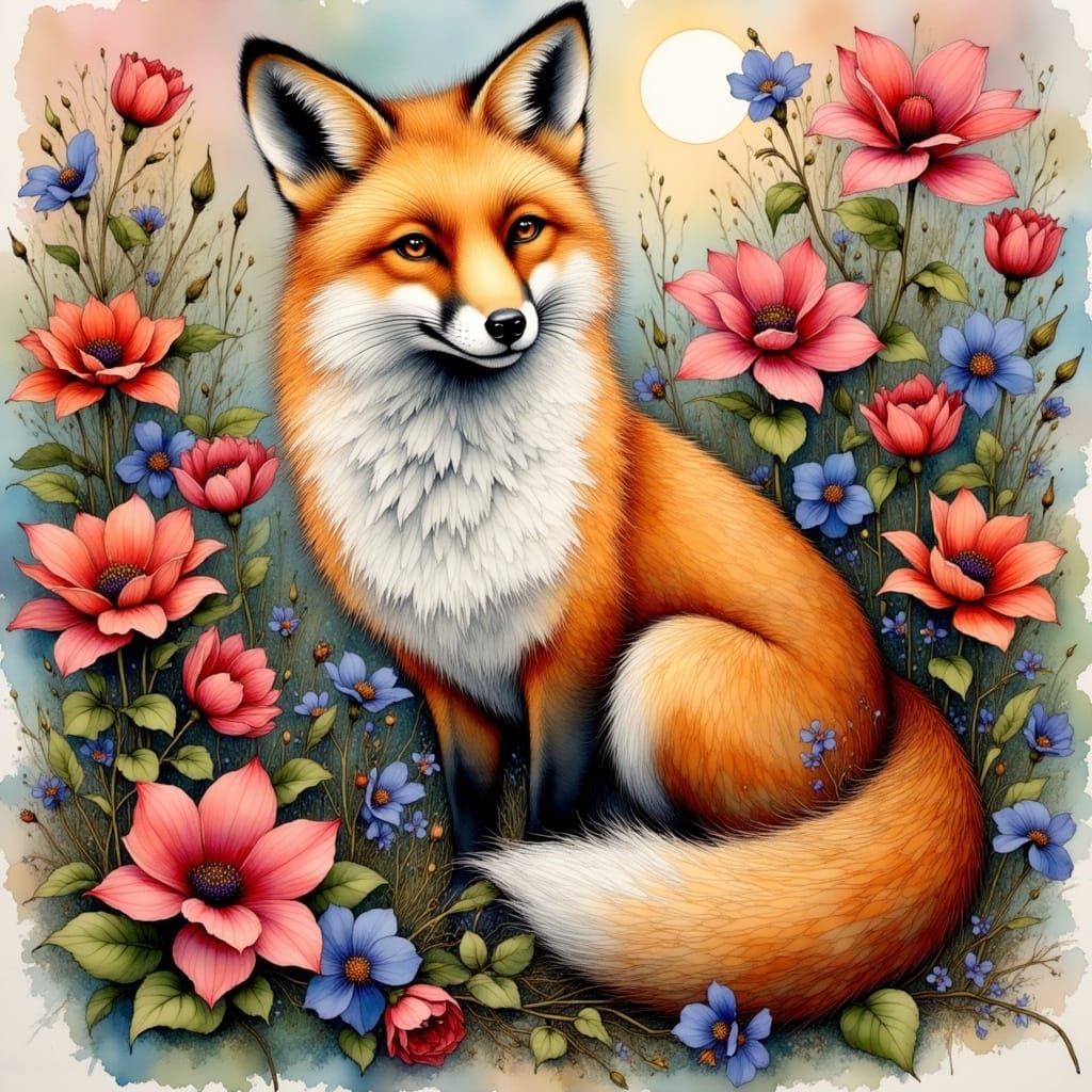 fox sitting and flora around, neotraditional style