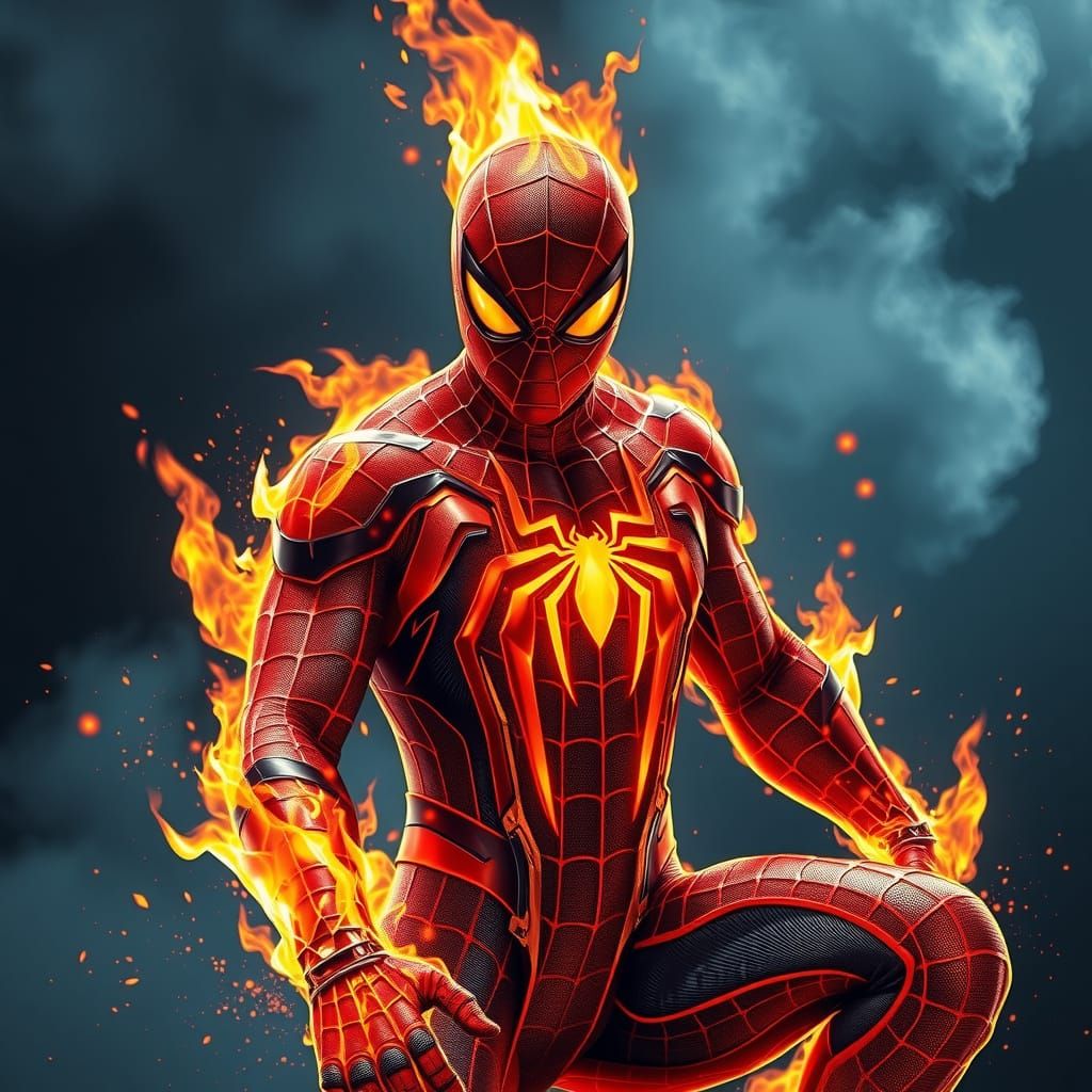 The Spider-Torch - Flaming Spiderman Hero Amidst Dark Skies
