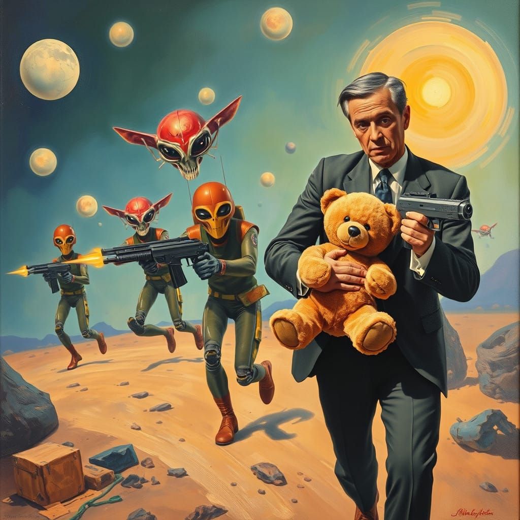 Dystopian Hero Escapes Pulp Art Mayhem in a Surrea... - AI Art
