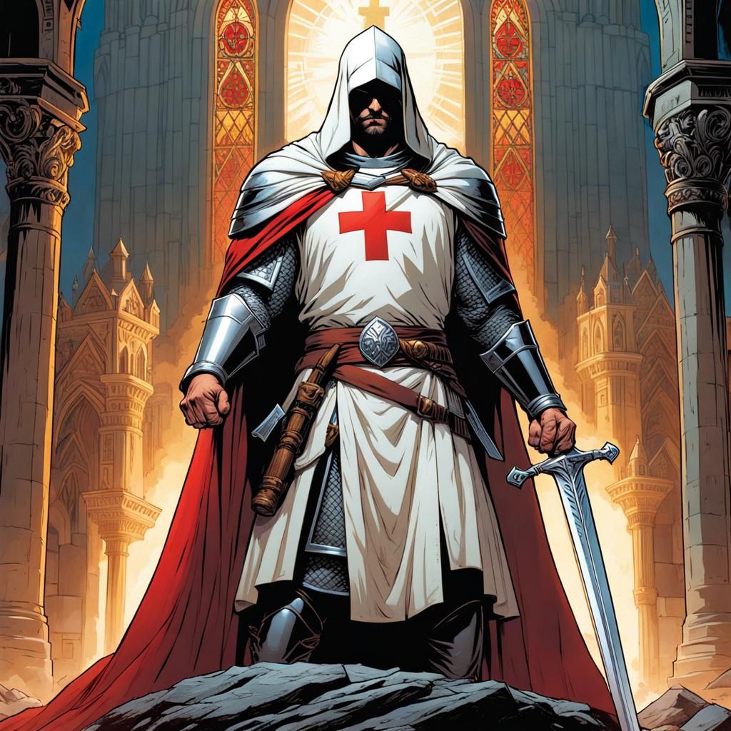 Pilgrim paladin crusader templar radiant humble holy brave praying with ...