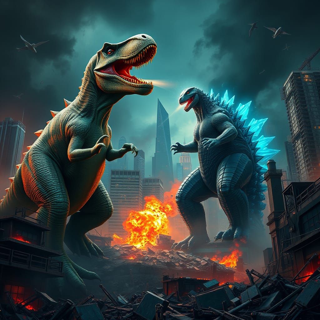 t-rex fighting godzilla - T-Rex Battles Godzilla in a Fantas...