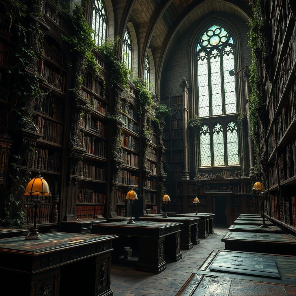 A magnificent abandoned tattered library, wall plants growing on the ...