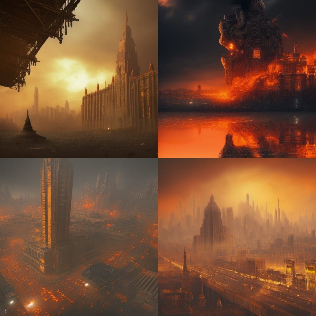 City, few people, polluted, soot, orange sky Epic cinematic brilliant ...