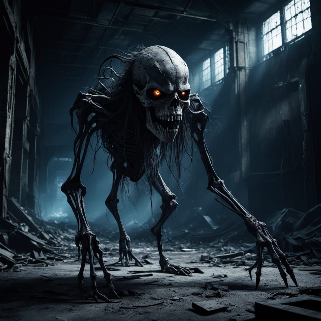 Gothic Horror Creature in Dark Industrial Ruins - AI Art