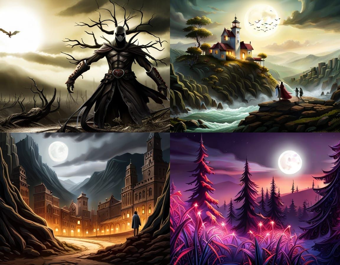 Spooky spectral apparitions float through twisted gnarled tree branches ...