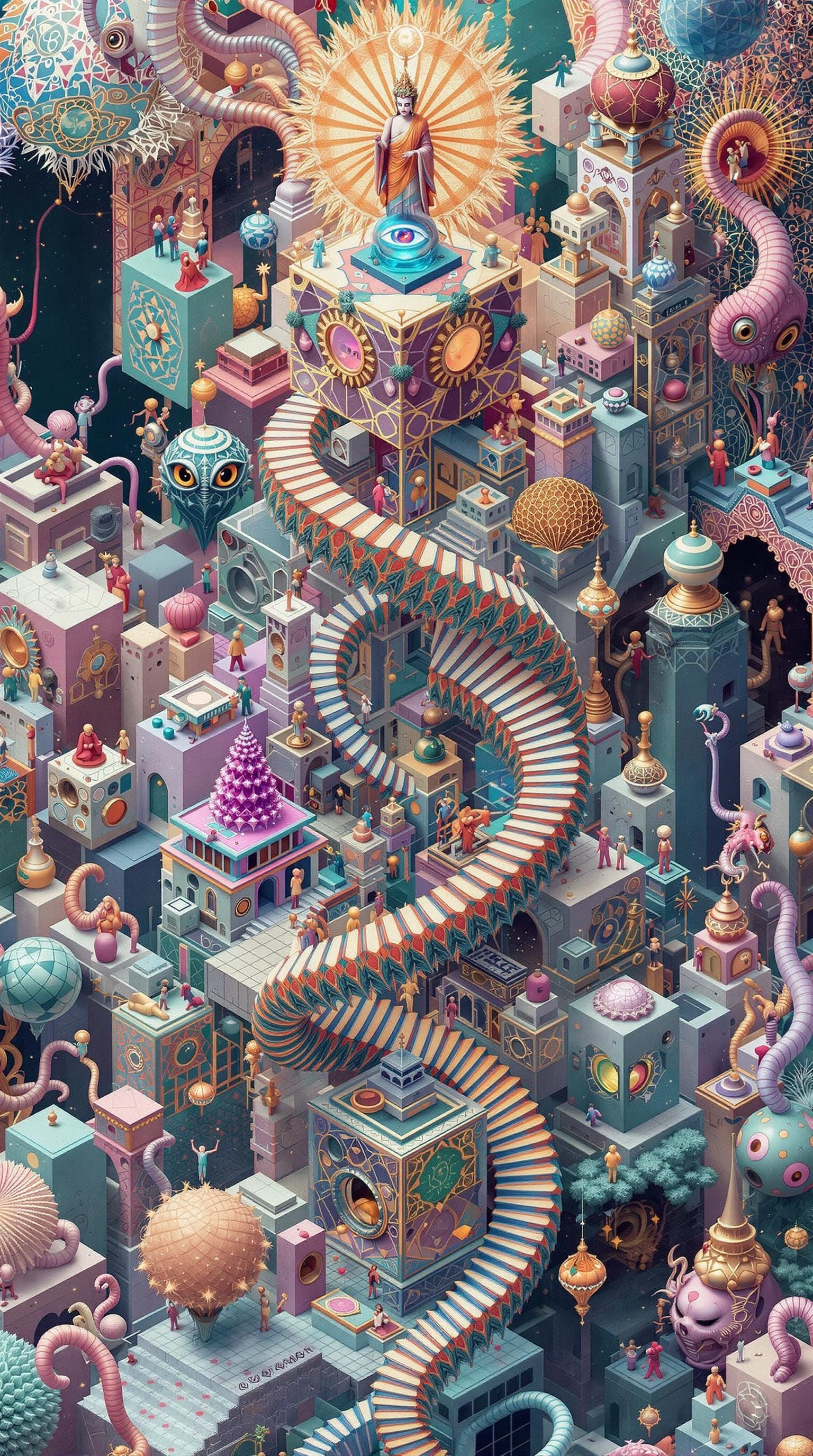 DNA Cubes in Surreal Bosch-Inspired Structure - AI Art