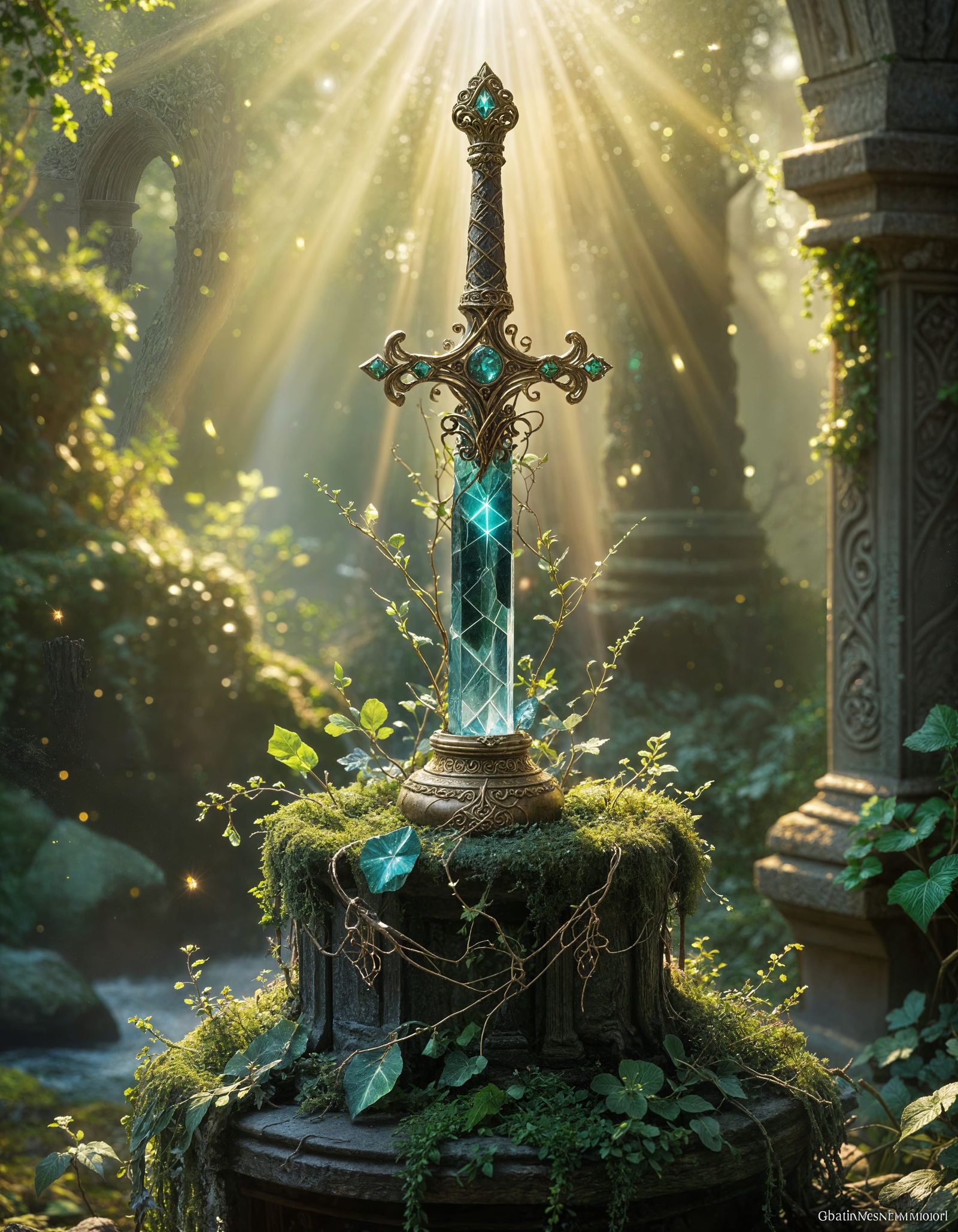 Saphire sword - Ancient Celtic Sword on Emerald Moss Pedesta...