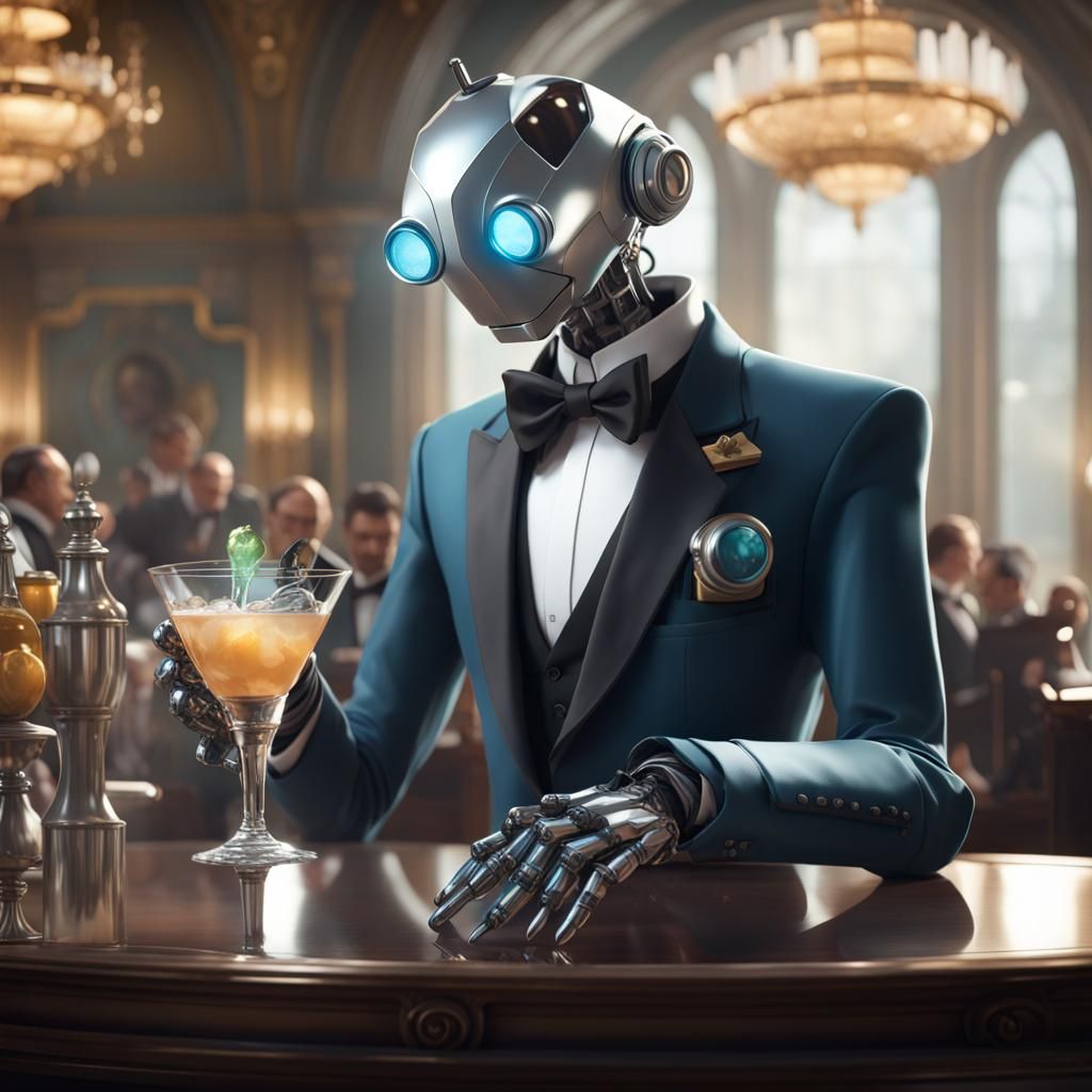 robot butler in tux bending to serve drink to guests, head and ...