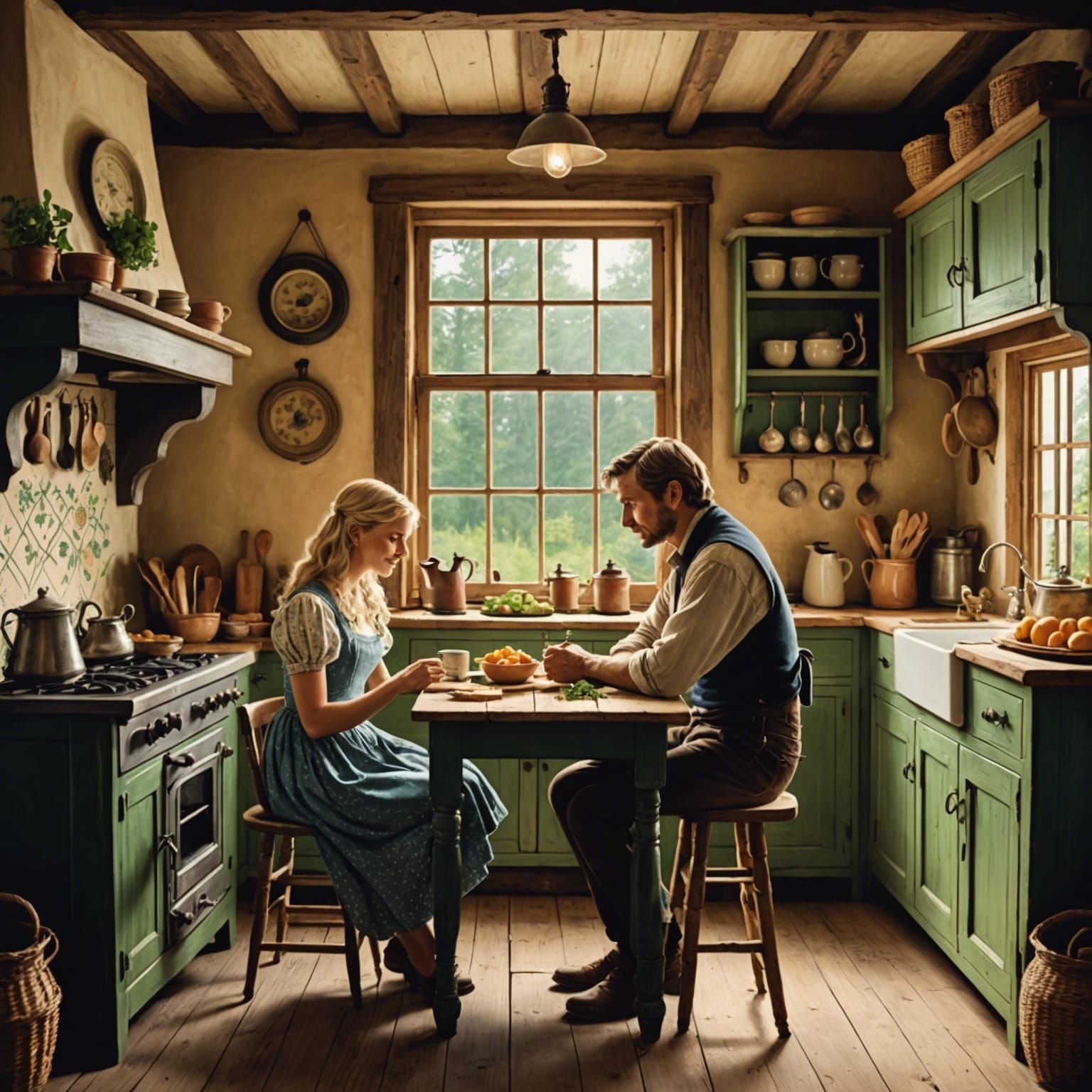 Storybook illustration, Kitchen of a quaint fairytale country cottage ...