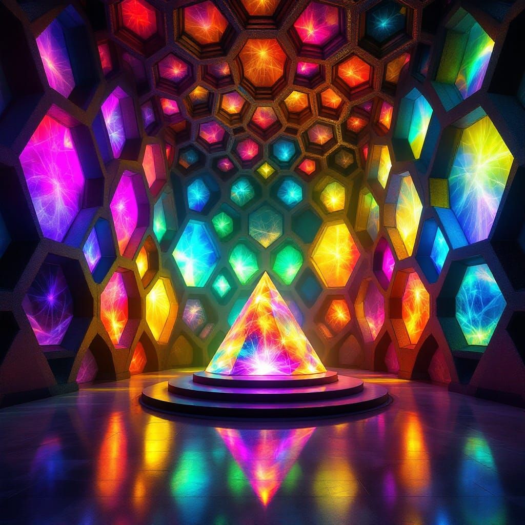 Vast Hall of Interlocking Stained Glass Windows in... - AI Art