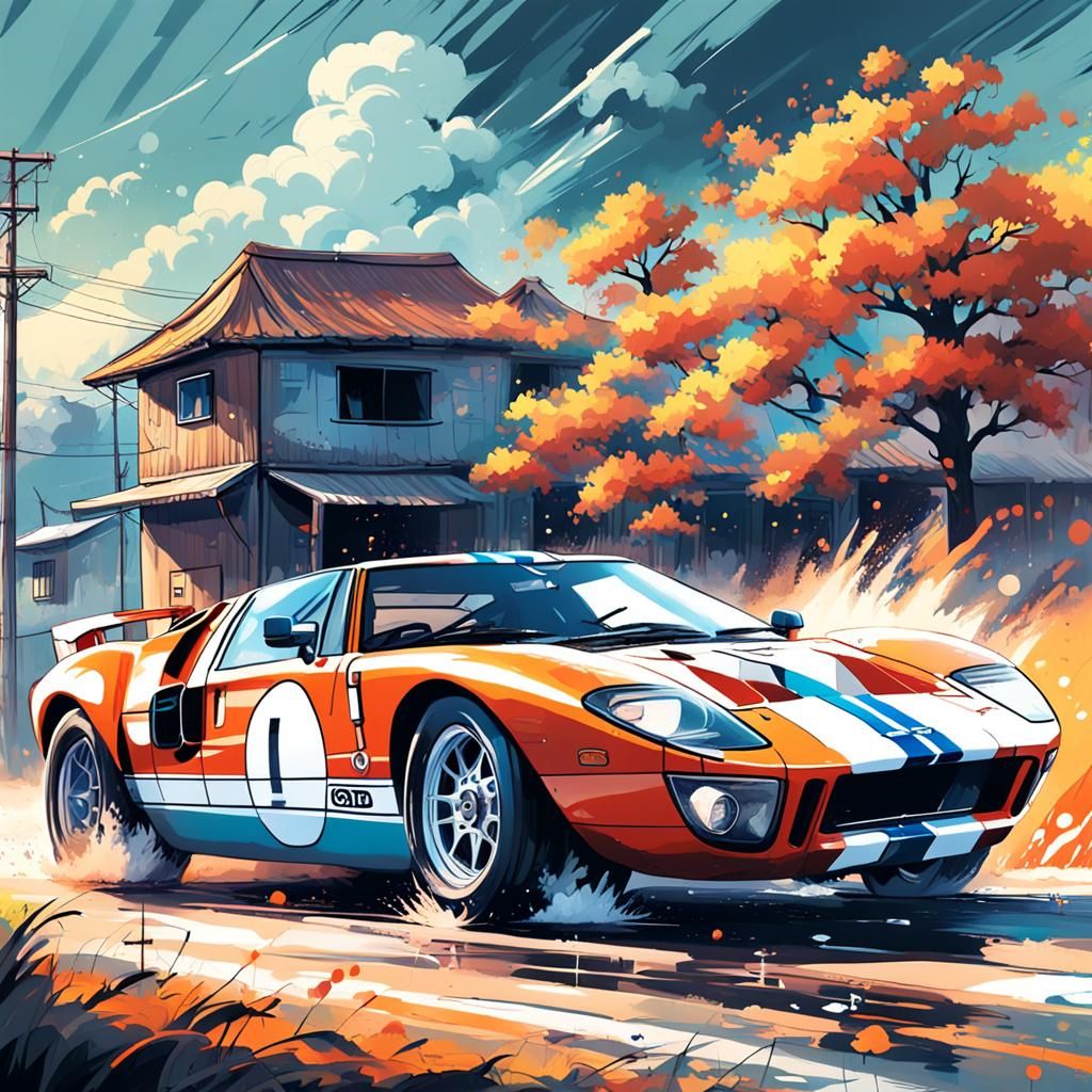Ford GT40 racing across rural road, graffiti art, splash art, street ...