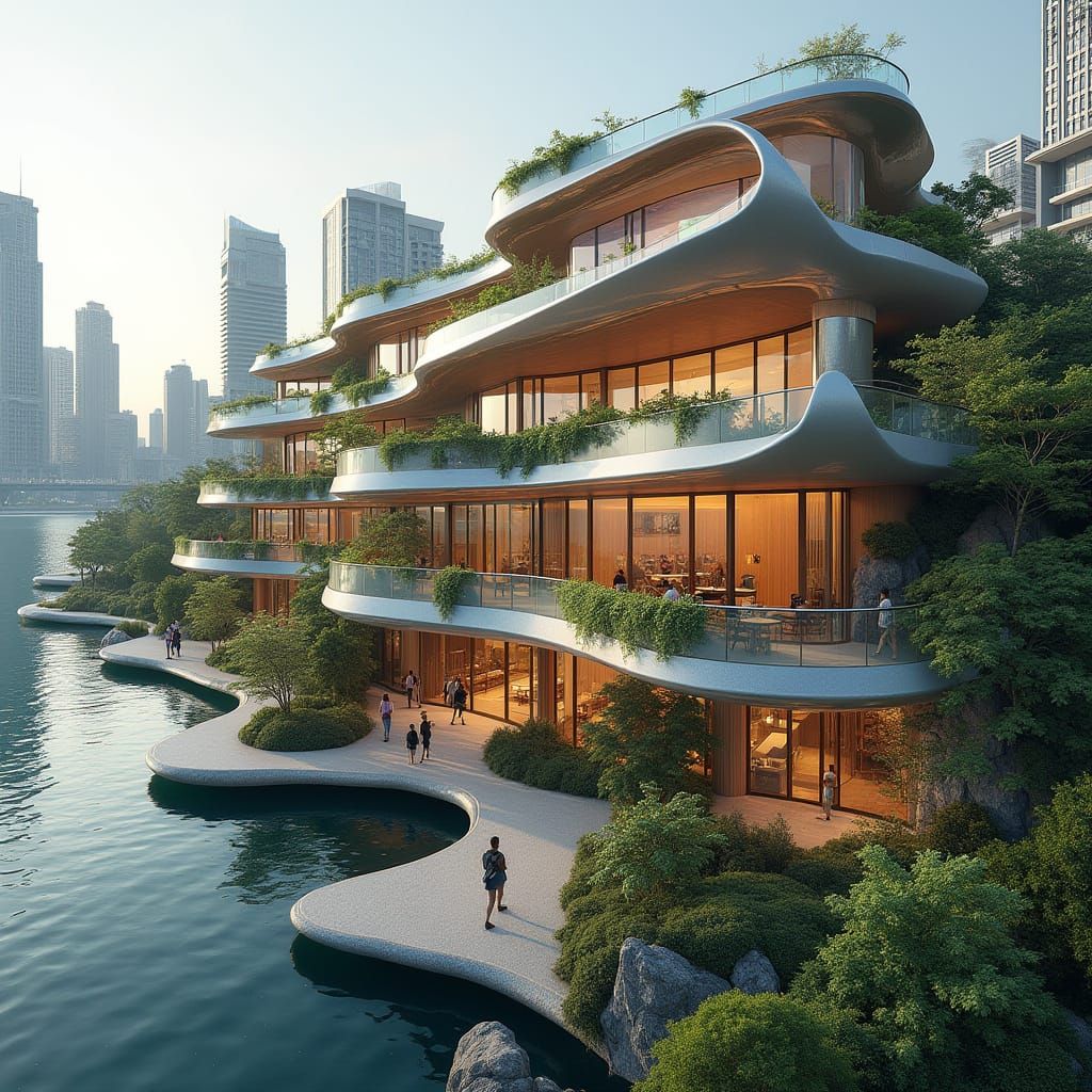 Organic Wave Building in Futuristic Laminated Timb... - AI Art