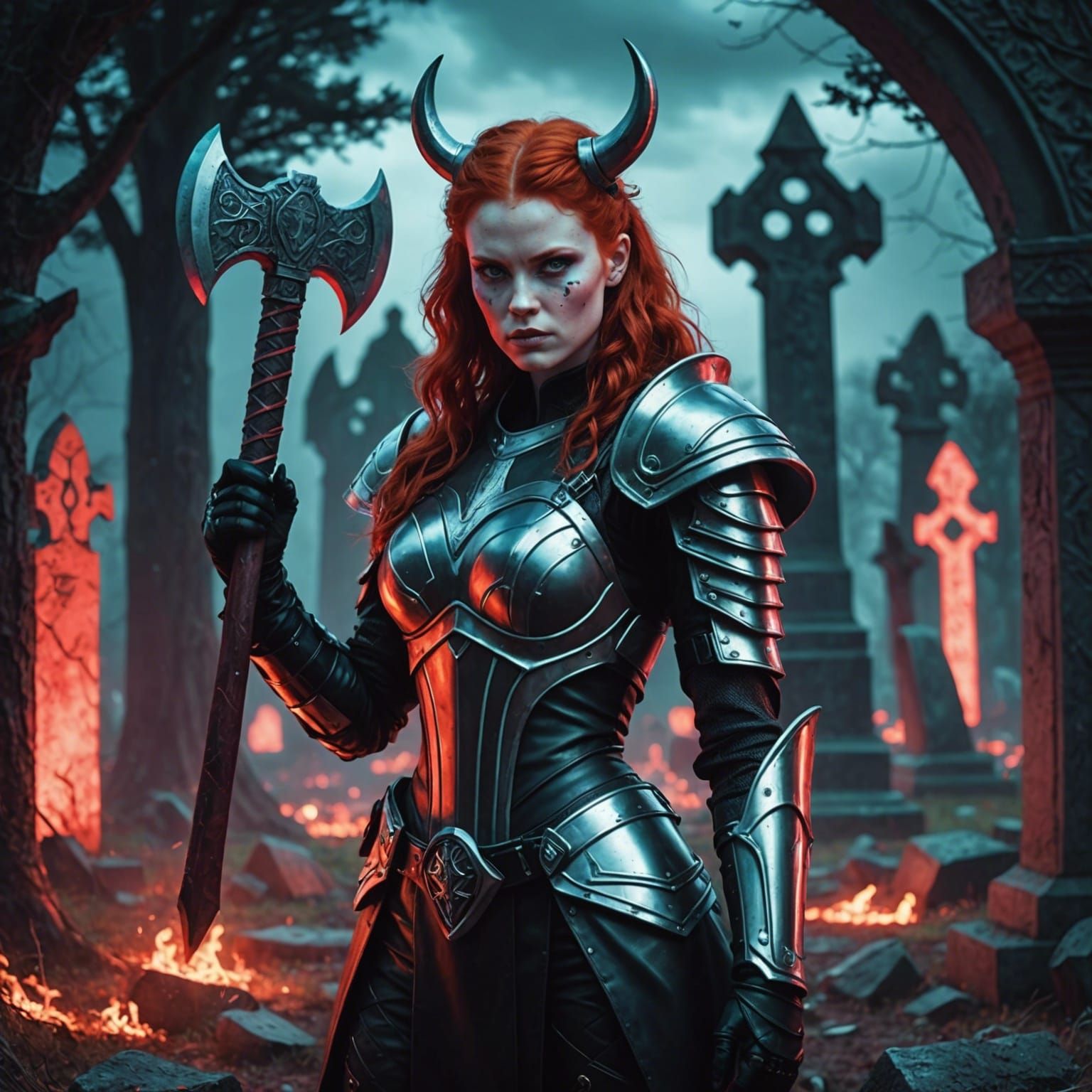A striking redhead clad in silver armor, gripping a Viking double-sided ...