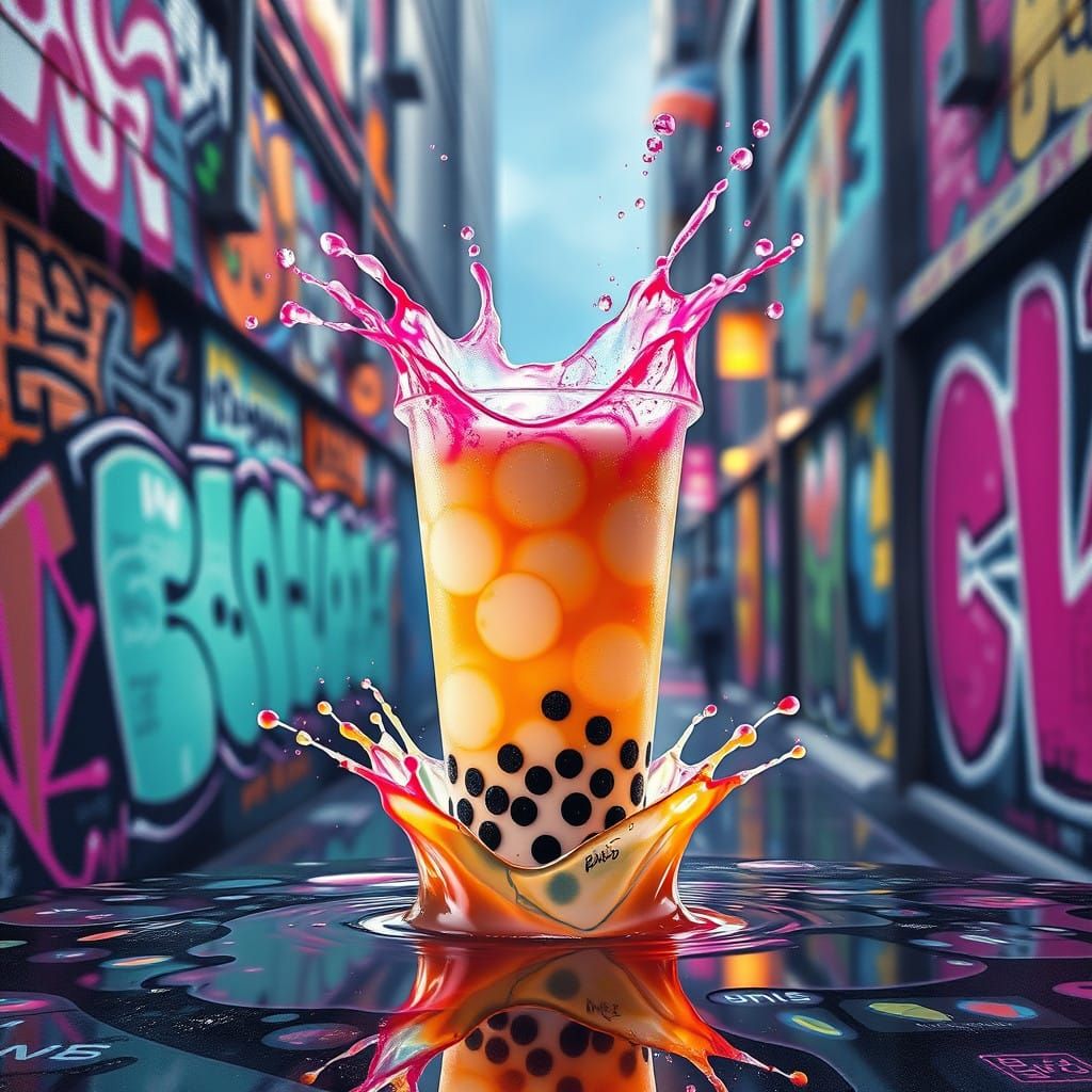 A secret bubble tea menu - Vibrant Boba Tea Sculpture in Gra...