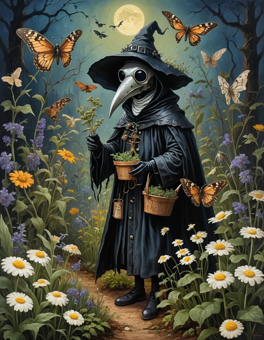 cute plague doctor fairy with moth wings in spooky midnight herb garden ...