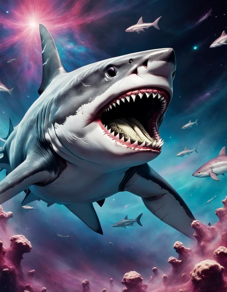 Furious Shark with bone armor. Swimming in outer space between nebulae ...