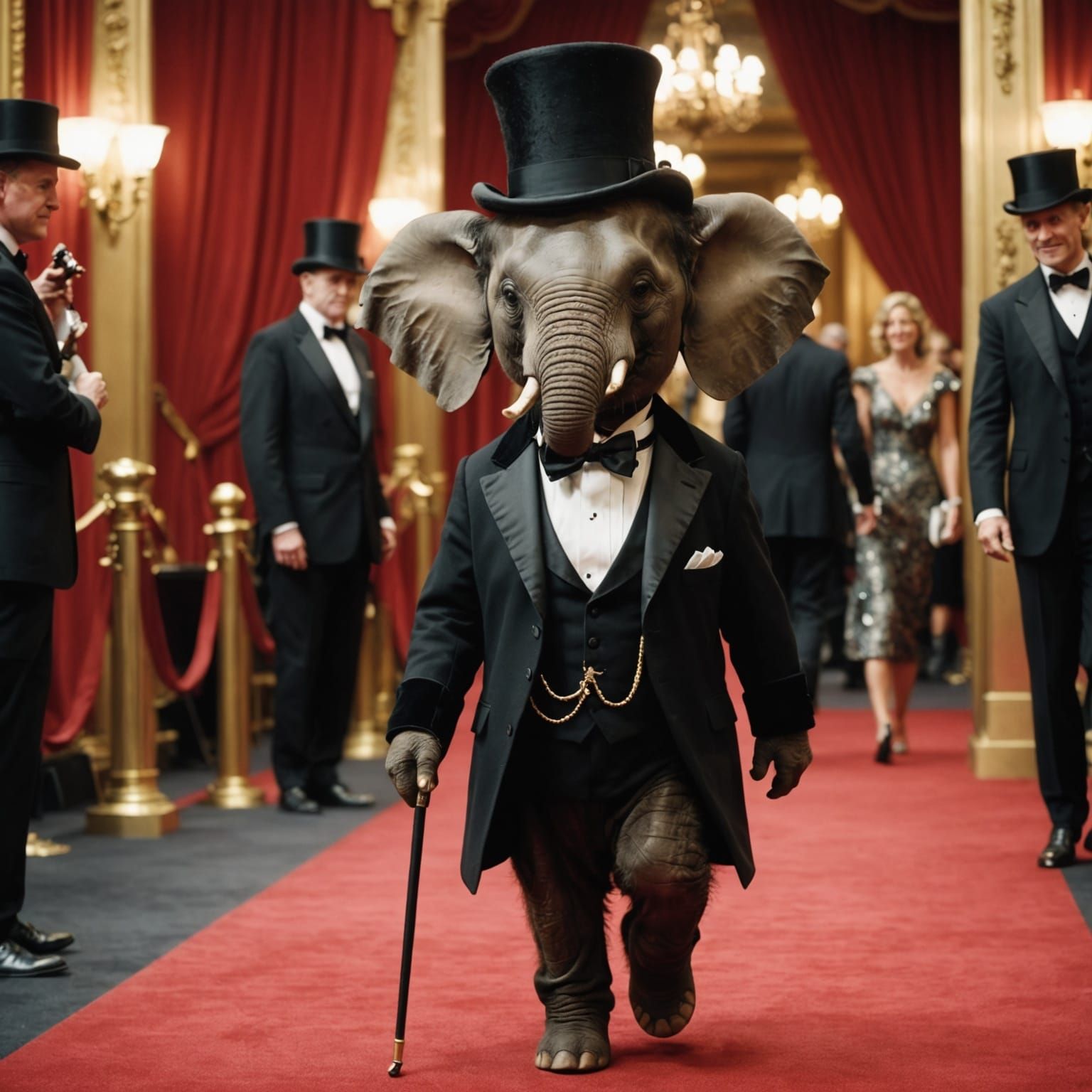 Elephant in a tuxedo and top hat, monocle and cane walking the red ...