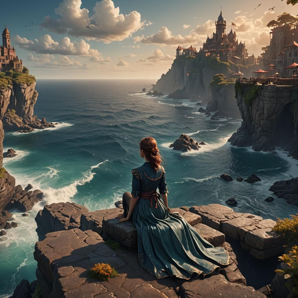 a girl sit watch the sea - AI Generated Artwork - NightCafe Creator