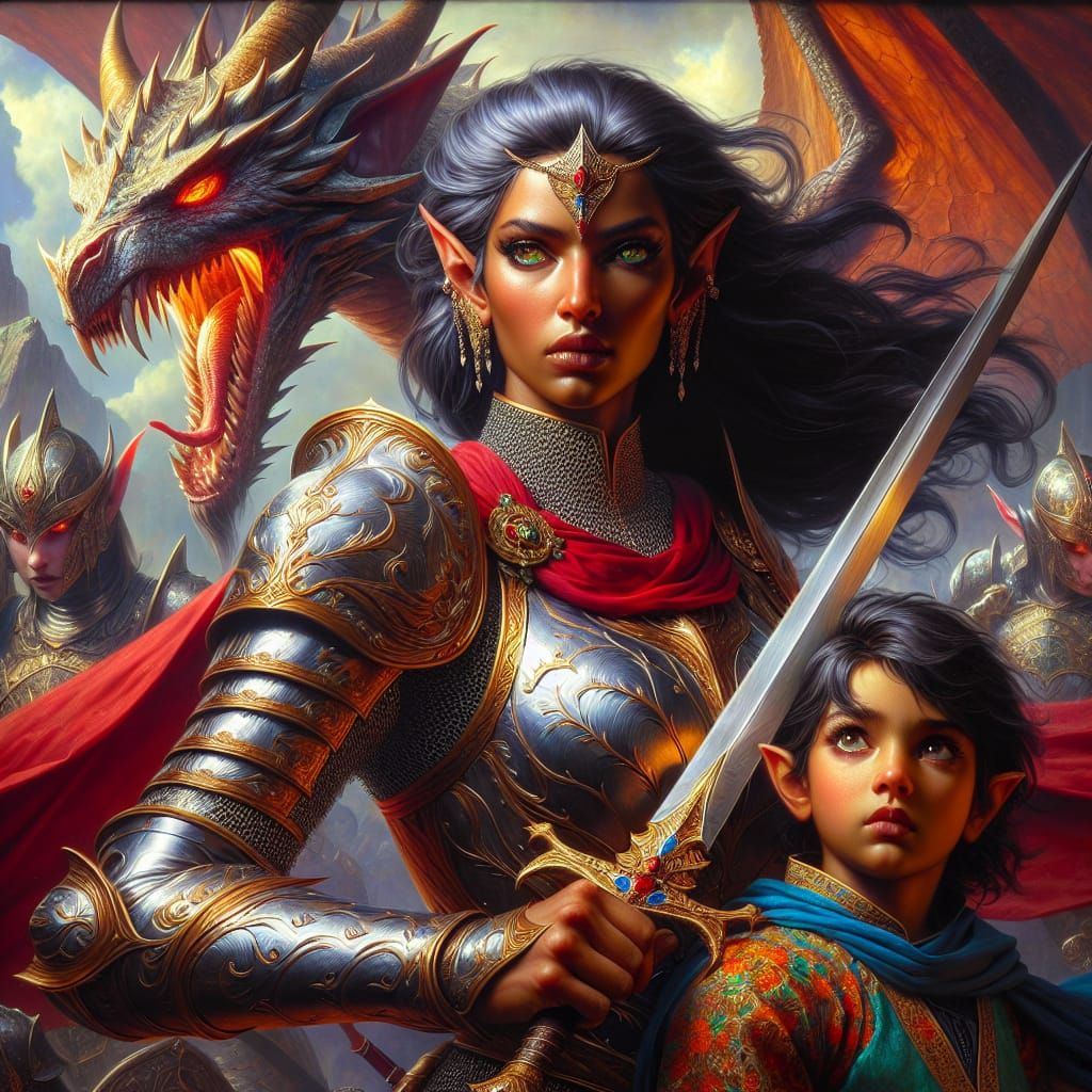 elf mother, clad in gleaming armor, protecting her child from a ...