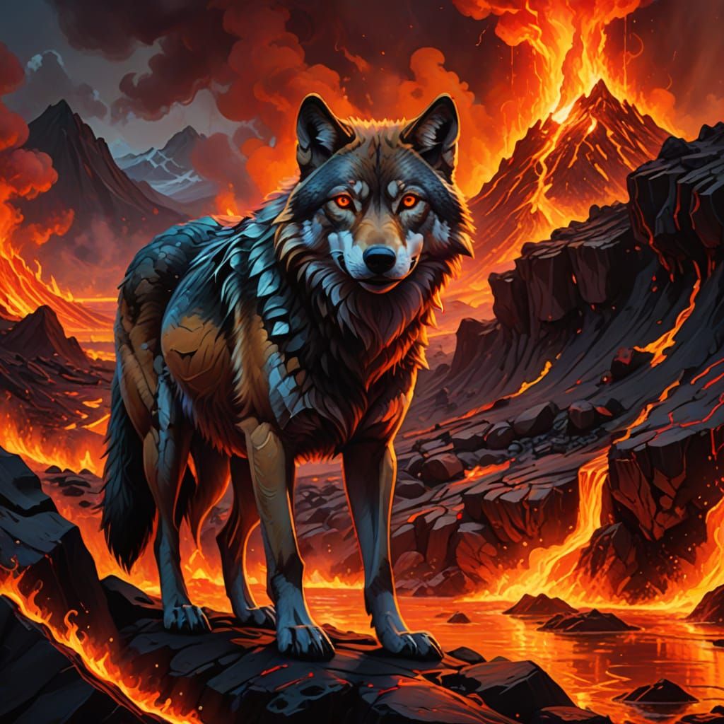 magma wolf - Surreal Wolf Emerging from Molten Lava in Vibra...