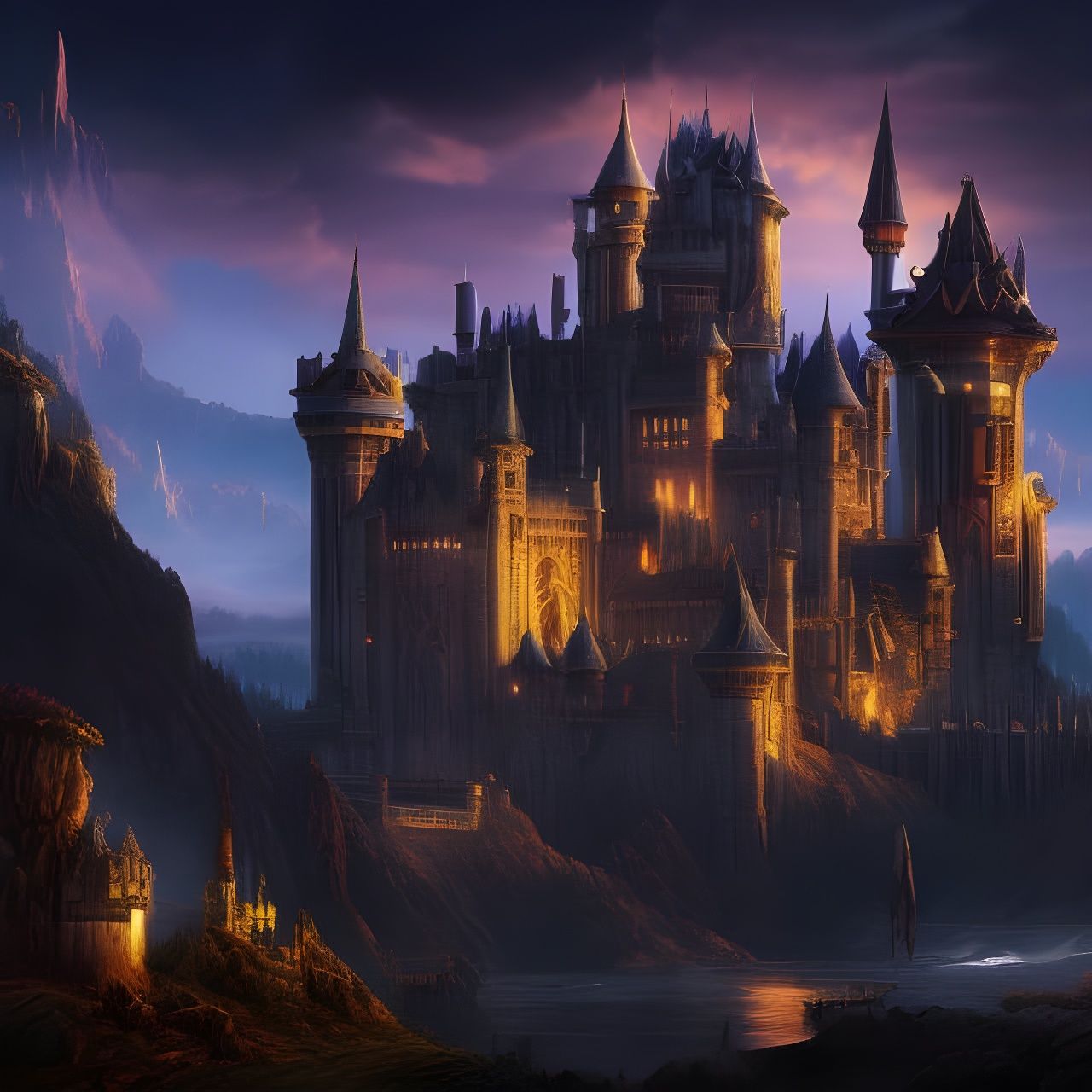 Intricate fantasy castle, fantasy landscape, Sharp contrast, high black ...