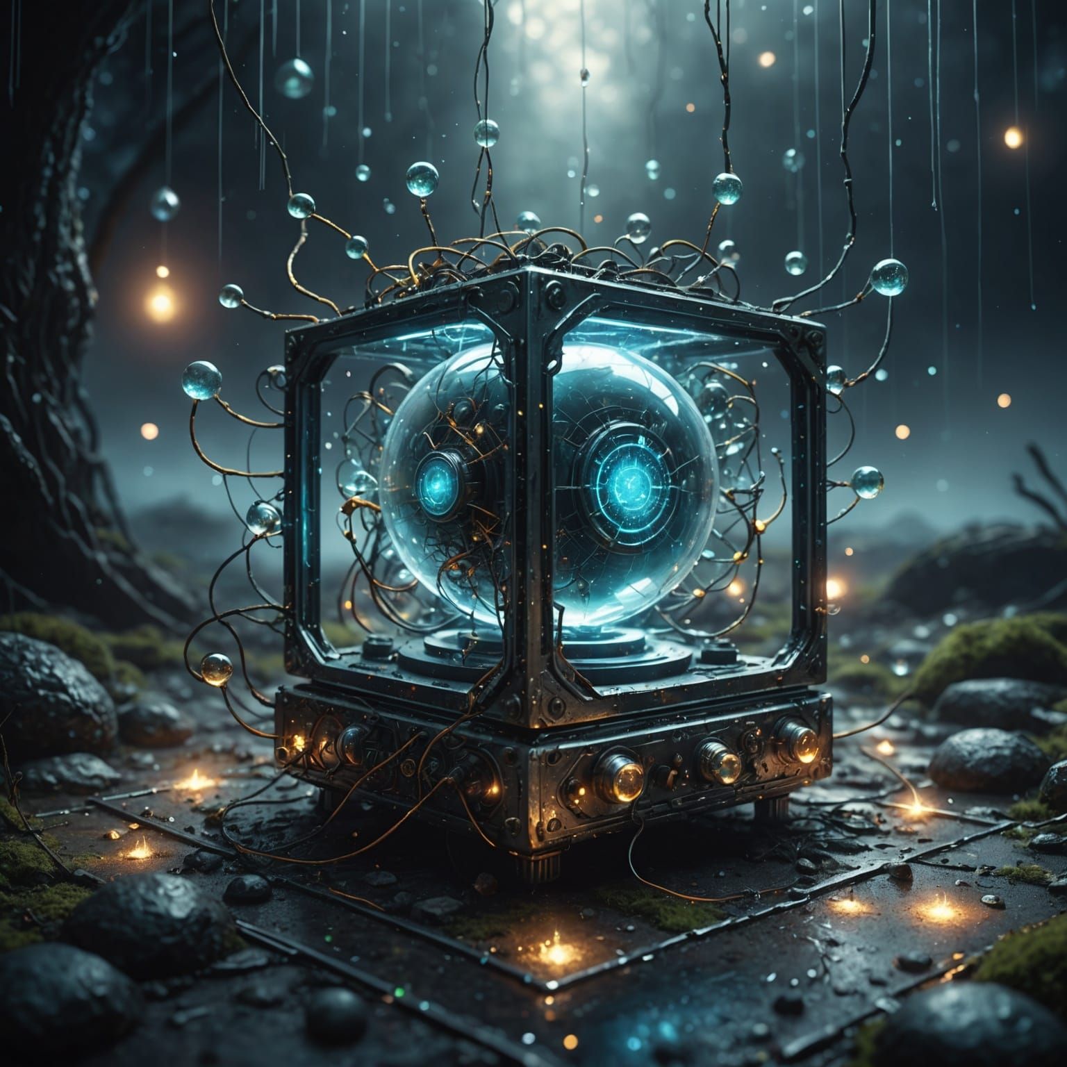 “Photorealistic Surreal glowing magical Quantum Computer surrounded by tiny energy orbs floating ...