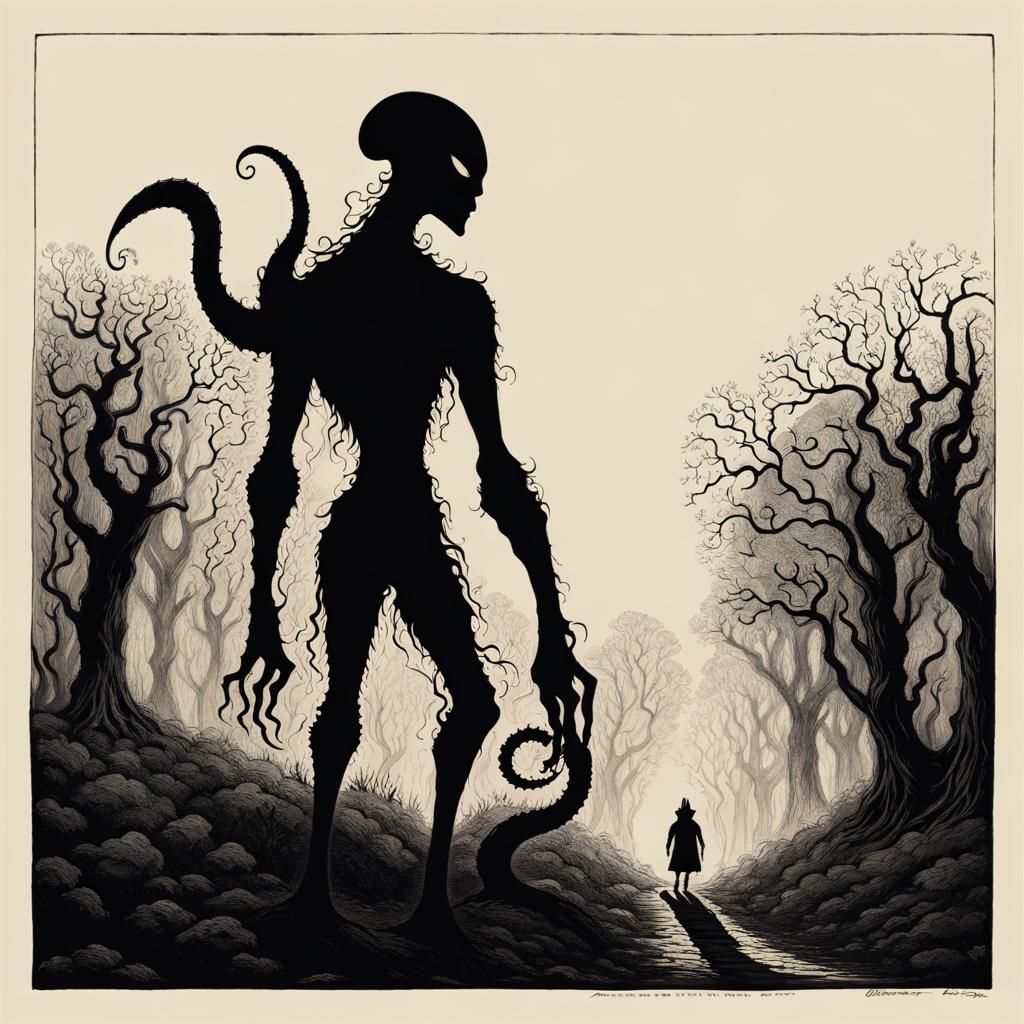 living shadow, pure black, full body silhouette, giant humanoid figure ...