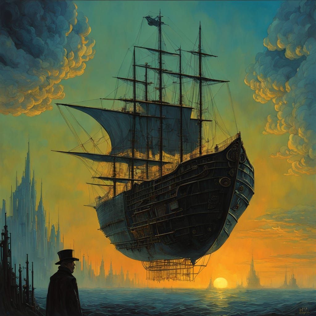 Steam-Powered Flying Vessel in Golden Sunset Light - AI Art