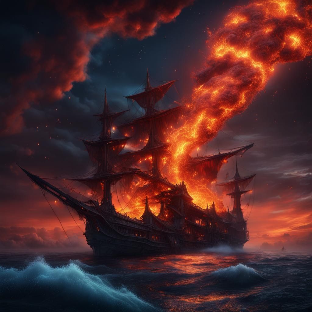 Burning ghost ship in the night - AI Generated Artwork - NightCafe Creator