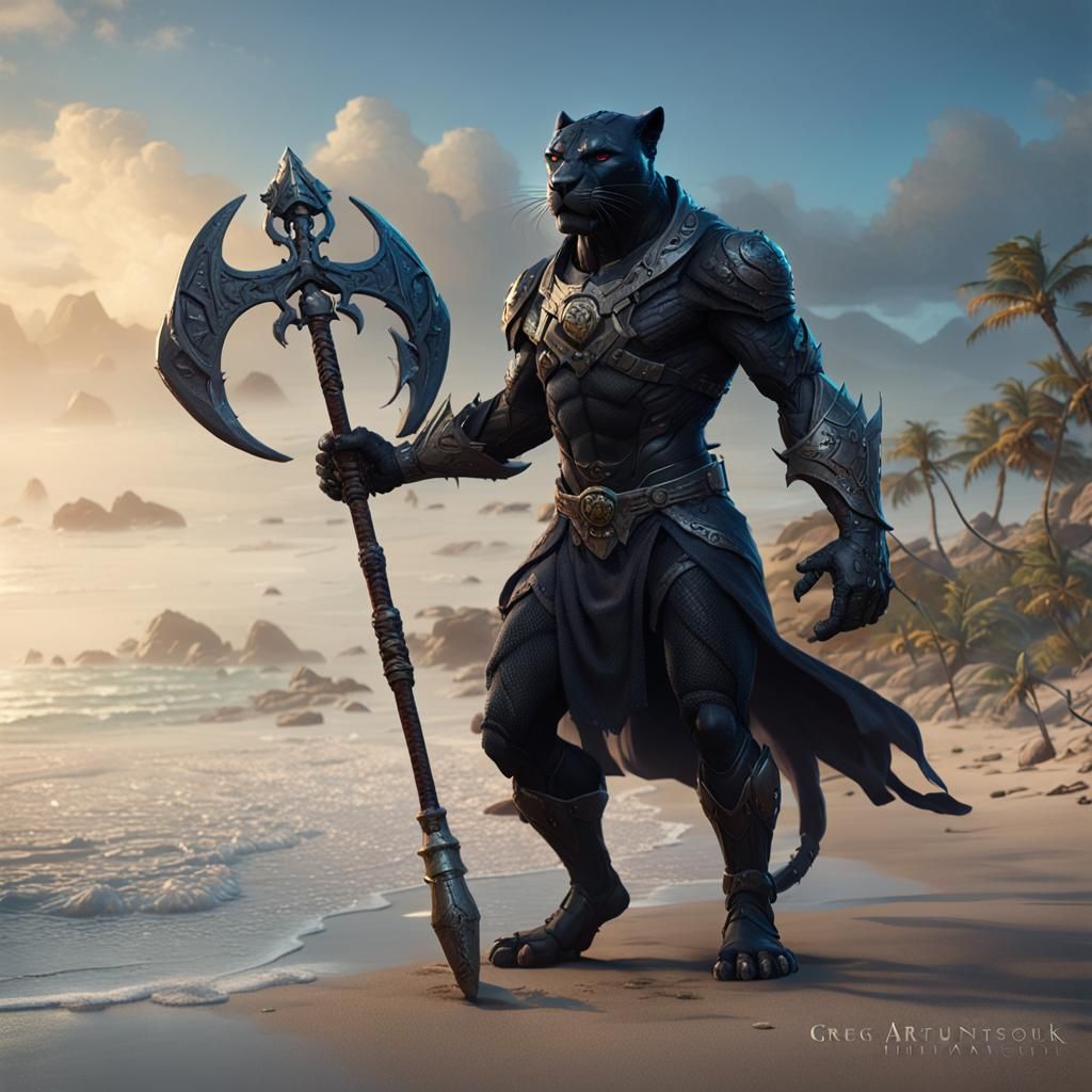 Male Dark Panther Humanoid Hybrid with two fangs dressed holding iron ...