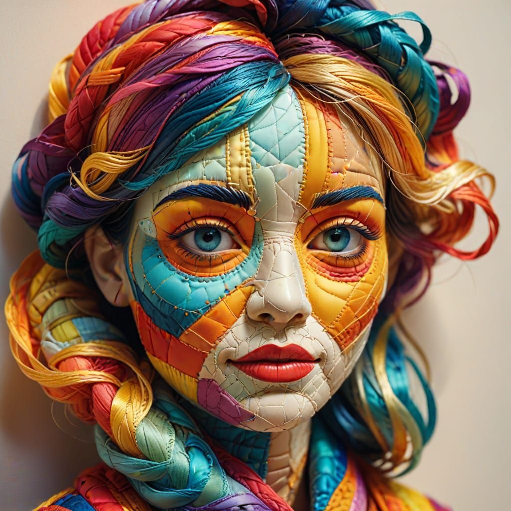 Fabric Face. - Vibrant Quilted Portrait in Colorful Patchwor...