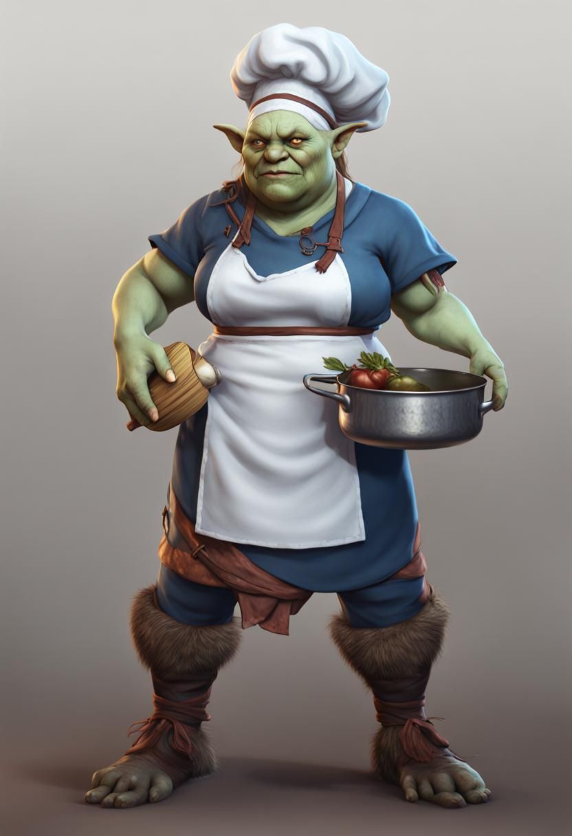 A female ogre dressed as a cook detailed matte painting, deep color ...
