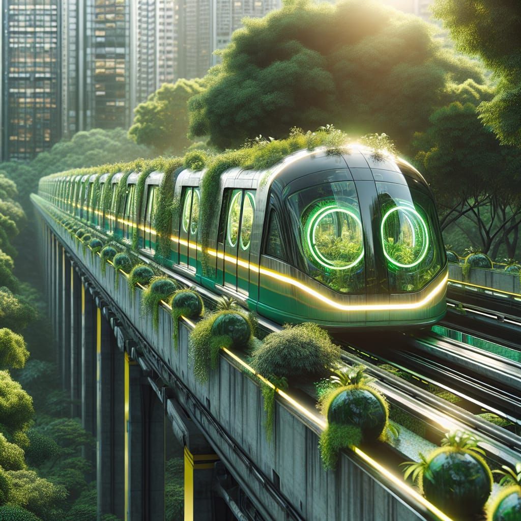 futuristic subway train with round glass windows and plants growing on ...