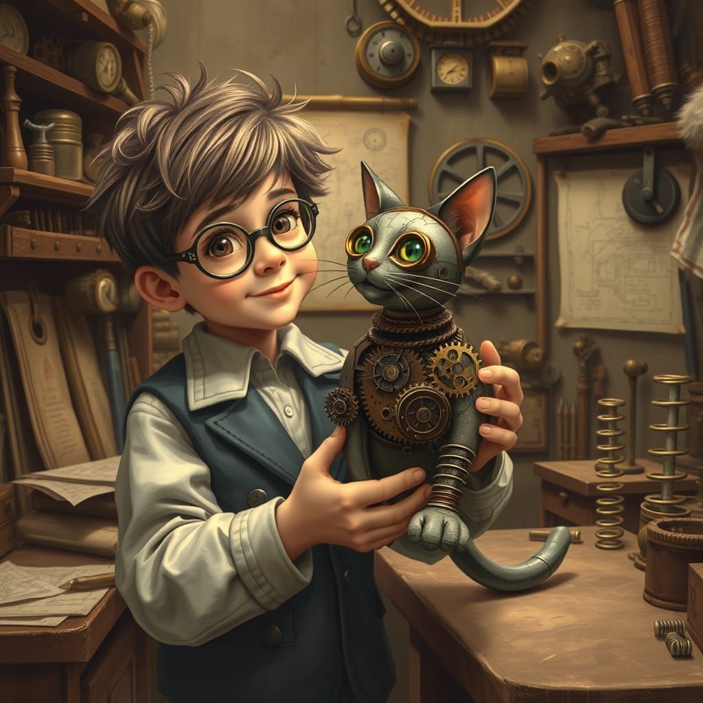 A boy and his cat - Steampunk Inventor's Clockwork Cat