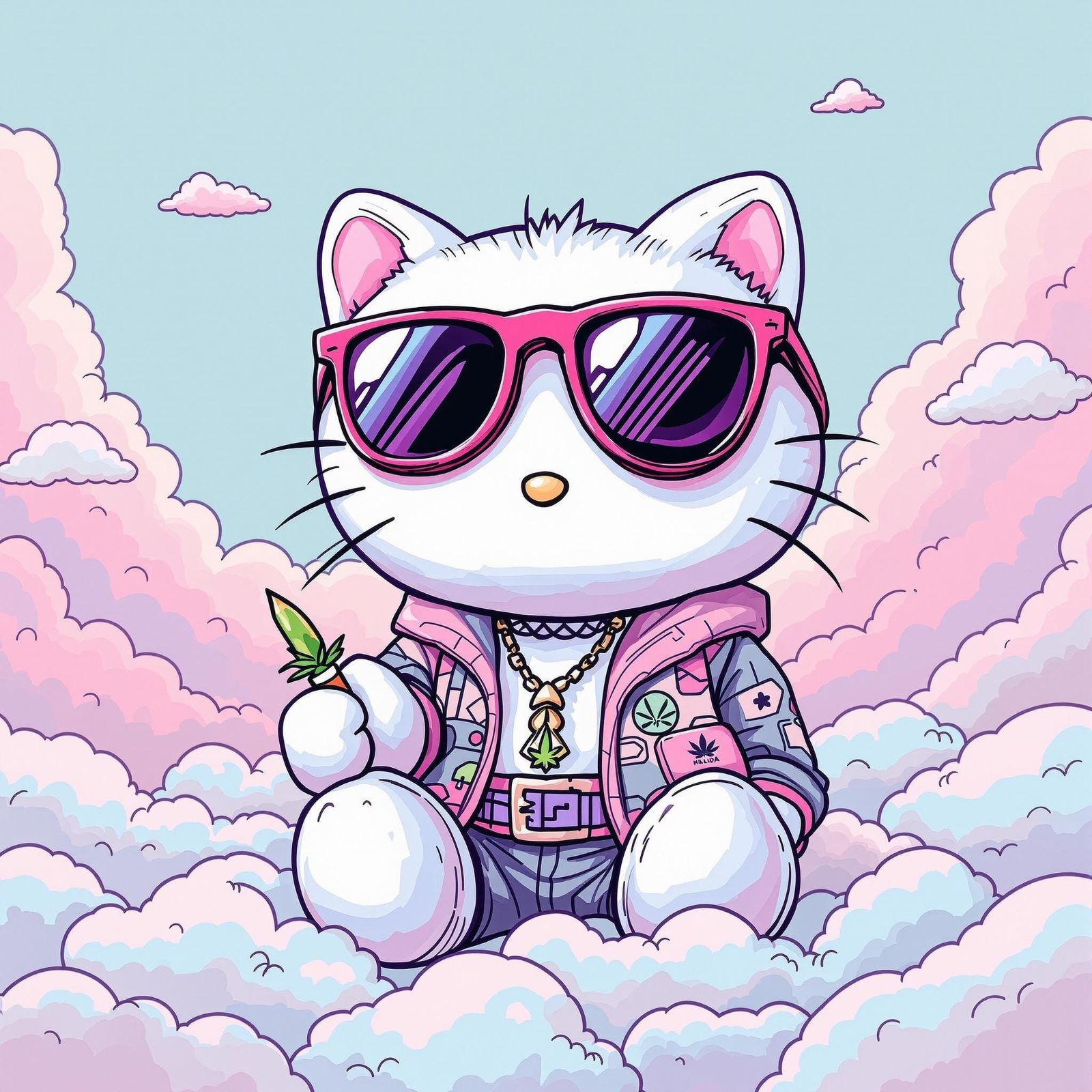 Kawaii Kitty Basks in Dreamy Cannabis Scene - AI Art