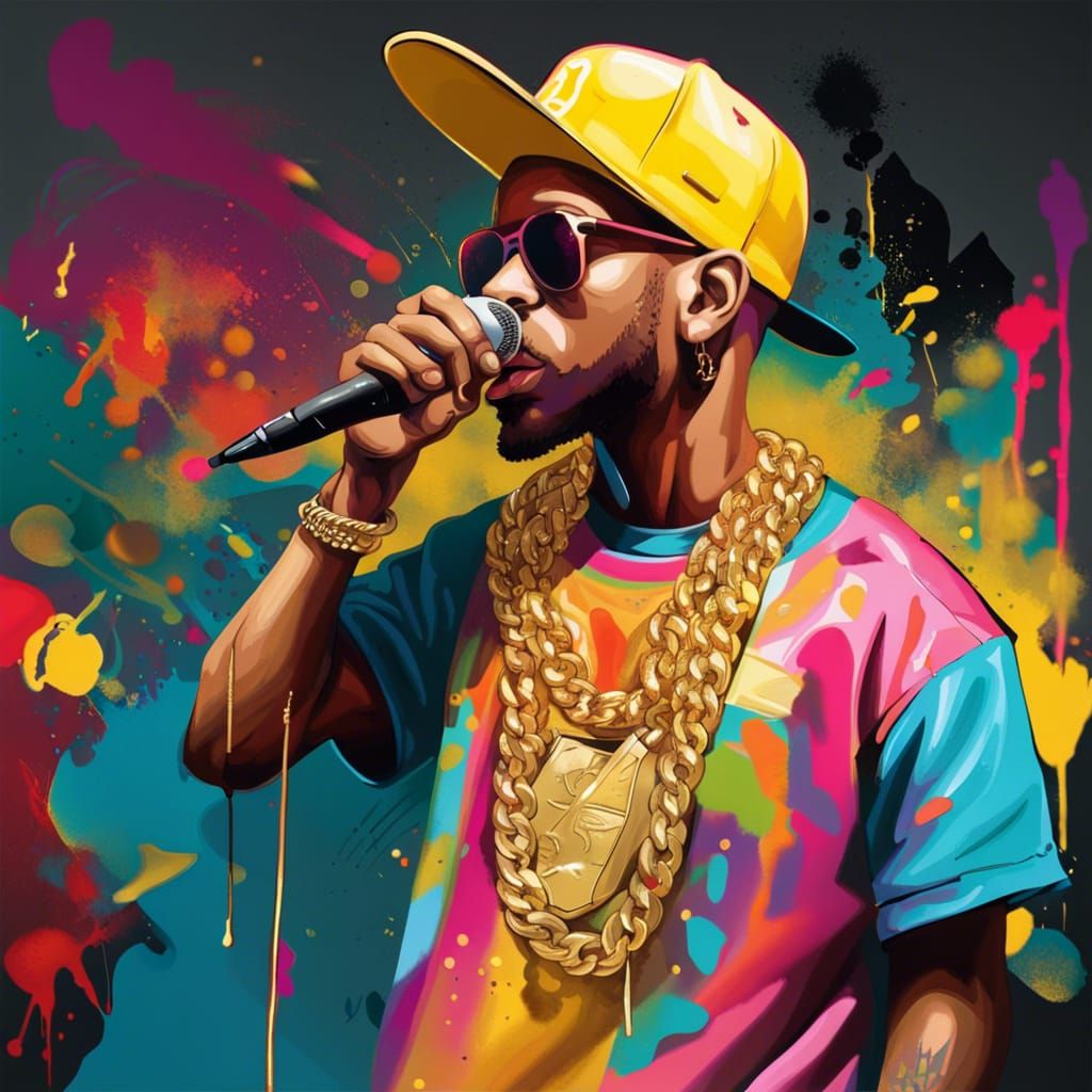 a stereotypical rapper holding a microphone, with a big gold $ necklace ...