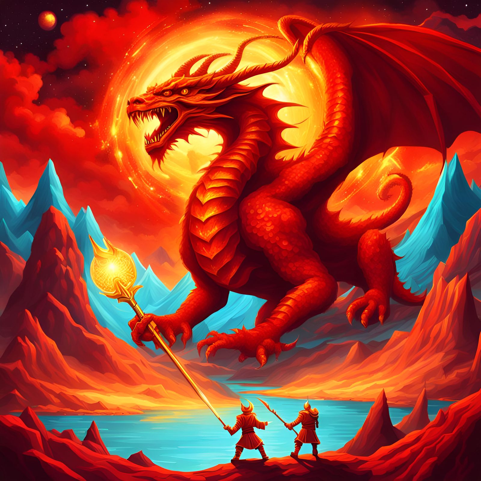 Cosmic Dreamscape Odyssey red demon attacks golden dragon flaming spear ...
