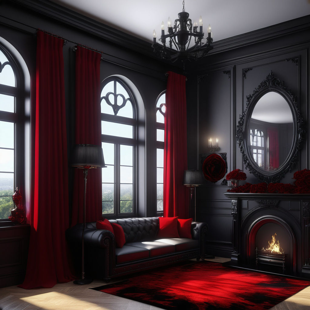 Burgundy red gothic penthouse with black gothic windows& elegant Gothic ...