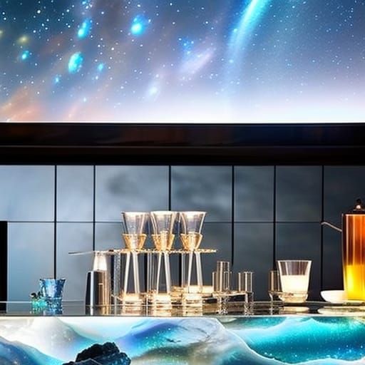 Night cafe; transparent hexagonal glass bar, coffee cups on the bar ...